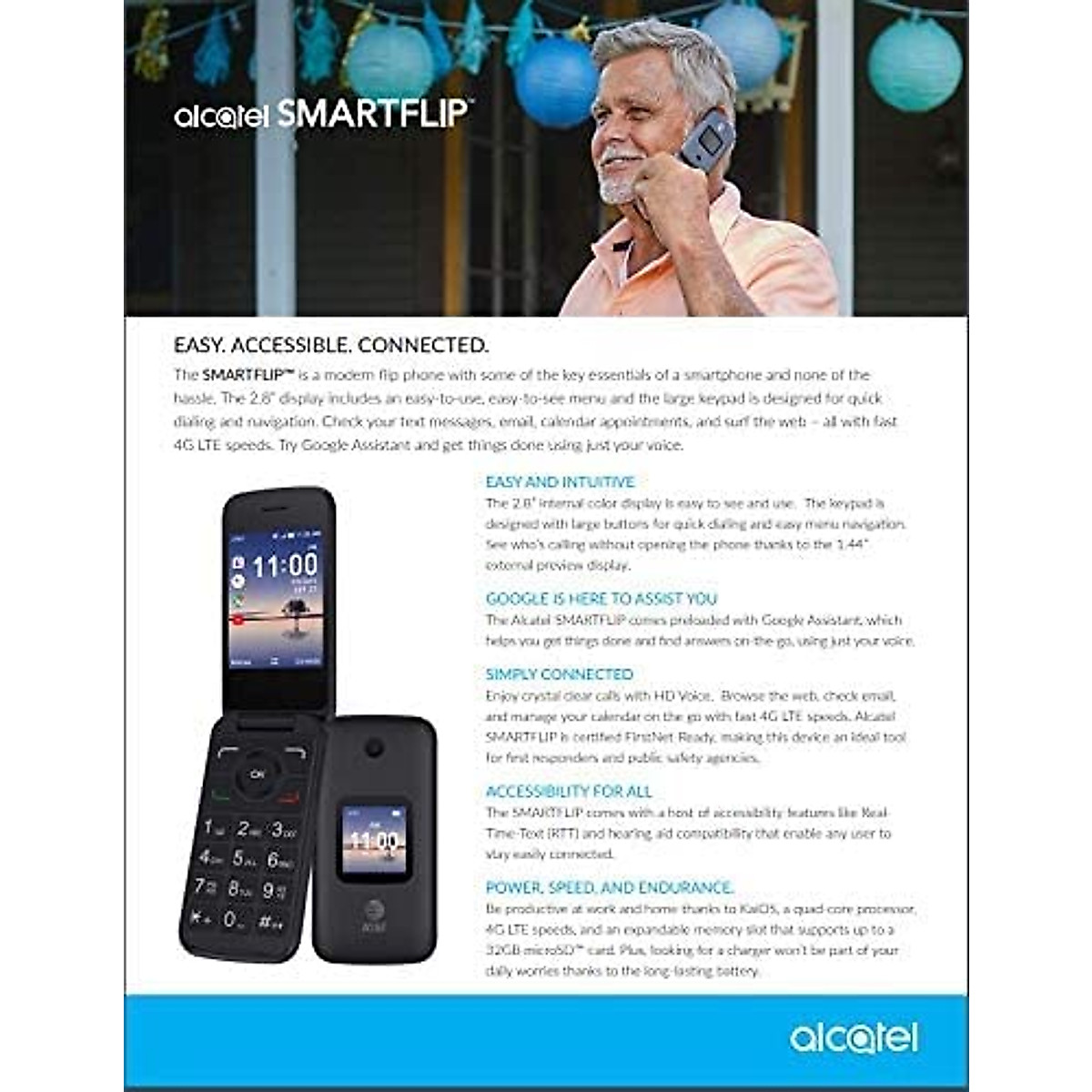 Alcatel SMARTFLIP 4052R | 4G LTE | 4GB Flip-Phone | Bluetooth, WiFi, Big Buttons | Carrier locked to AT&T. Phone is not unlocked - Volcano Black