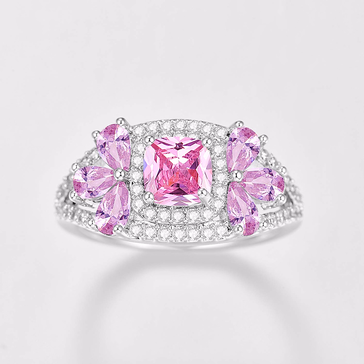 Narica Silver Plated Created Pink Topaz CZ Cubic Zirconia Filled Eternity Halo Cocktail Party Wedding Engagement Promise Band Elegant Women's Petal Flower Ring for Mom Bridal Lover 9#