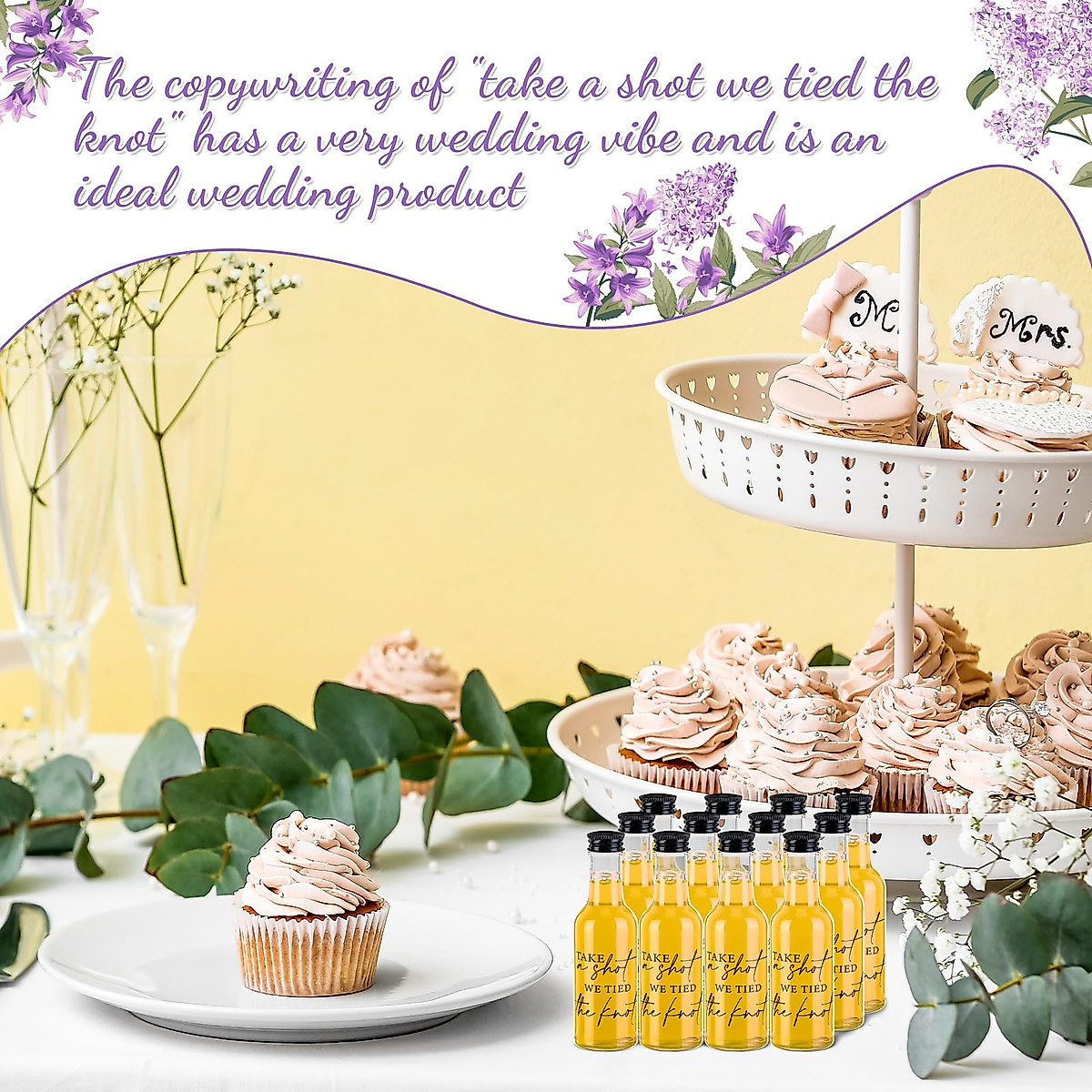 Bokon Mini Wedding Liquor Bottles Take a Shot We Tied The Knot Shot Glasses for Guests 1.7 Fl Oz/ 50 ml Plastic Reusable Empty Bottle with Cap Funnel Acrylic Shot Bottles for Bridal Party (100 Pcs)