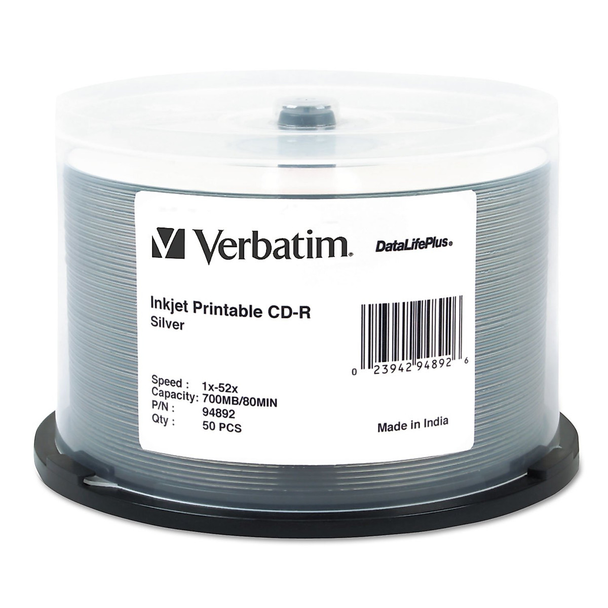 Verbatim 94892 CD-R Discs, Printable, 700MB/80min, 52x, Spindle, Silver, 50/Pack