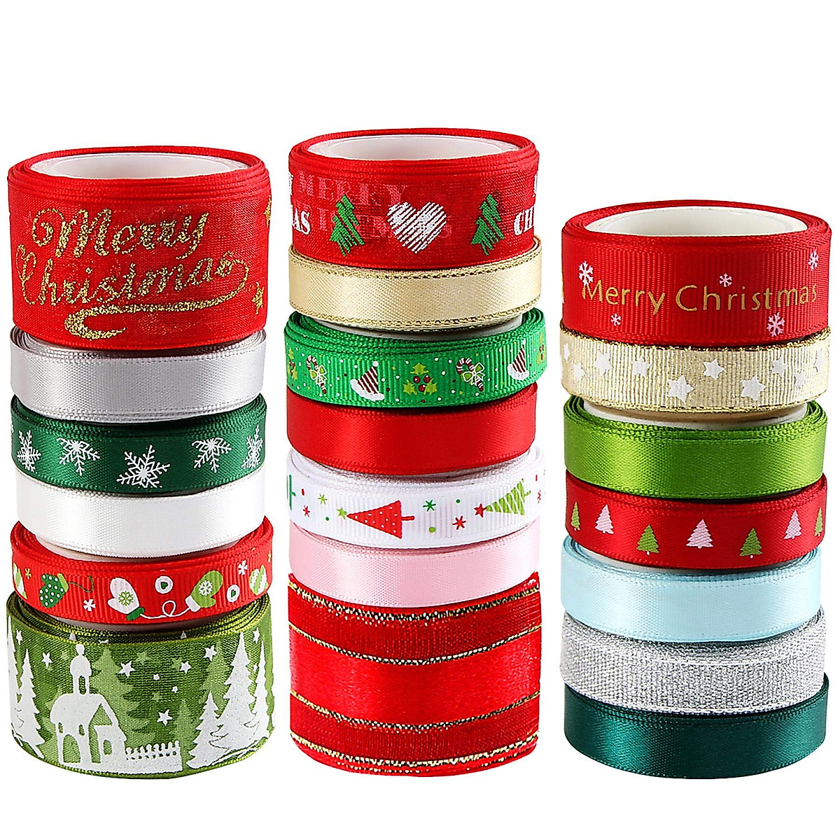 20 Pieces 3 Size Christmas Ribbons for Craft Holiday Printed Grosgrain Organza Satin Ribbons Metallic Glitter Fabric Ribbons Bulk Gift Wrapping Bow(20x2yd)