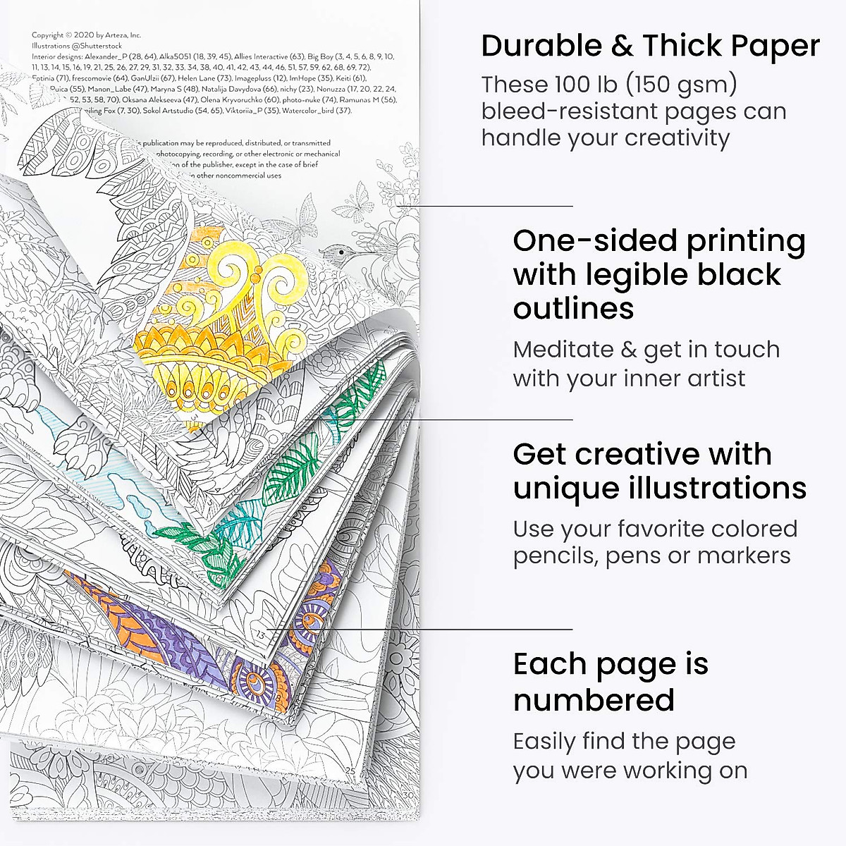 ARTEZA Adult Coloring Book, Animal Designs, 72 Sheets, 6.4x6.4 Inches Coloring Pages, 100 lb Paper