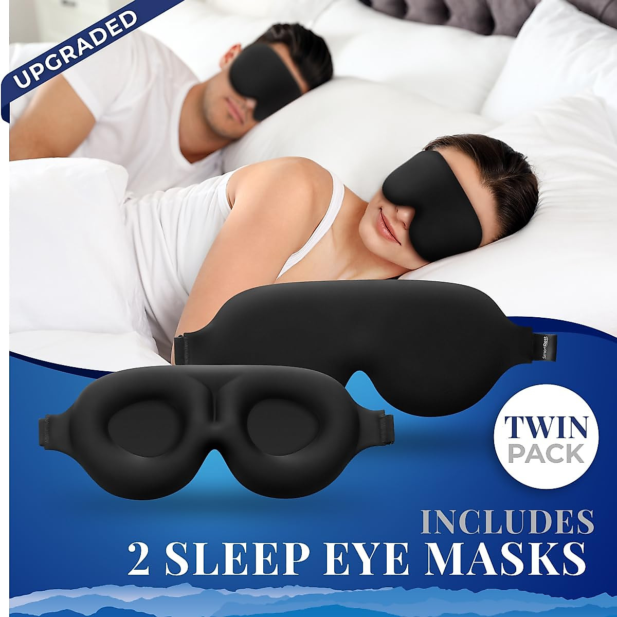 SmartRest Sleep Mask [2 Pack] - Eye Mask for Sleeping - Patented, Contoured, 100% Blackout, Zero Pressure Sleeping Masks for Women and Men, Blindfold and Eye Covers - S2 Black