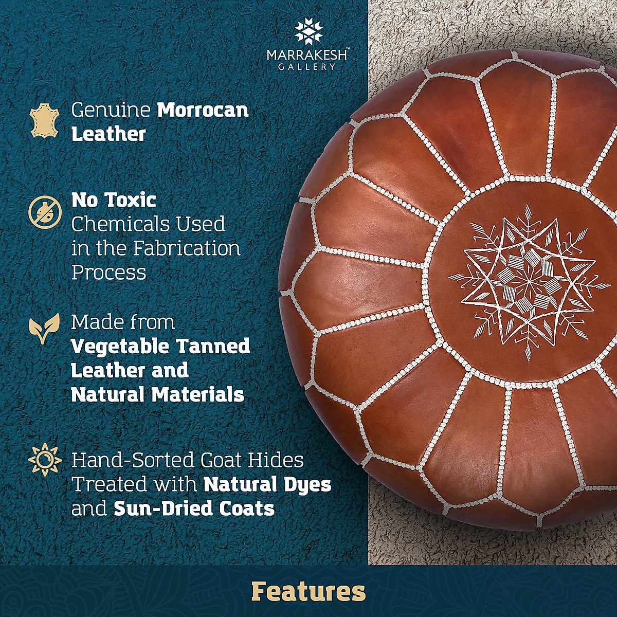 Marrakesh Gallery Genuine Leather Round Pouf Unstuffed - Moroccan Ottoman Footstool, Footrest Cover - Boho Decor - Bohemian Living Room, Bedroom, Kids Room, Gift & Wedding