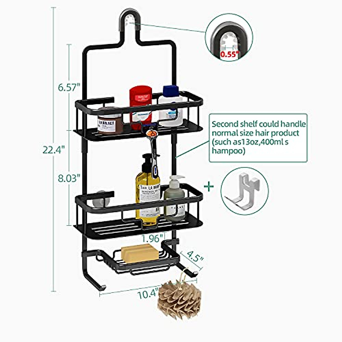 UDENIS Haning Shower Cadddy Bathroom Organizer for Shampoo,Conditioner,Soap,with Hooks for Razors,Towels,Over Shower Head Shelf Aluminum 3Tier black