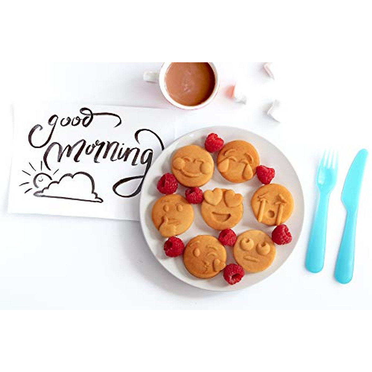 Mini Emoticon Smiley Faces Waffle Maker - Create 7 Cool Unique Waffles or Pancakes w Electric Non Stick Waffler Iron - Featuring a Kiss Face, Heart Eyes, Smile & More, Cute Easter Morning Breakfast