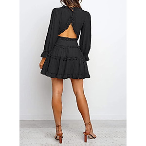 Dokotoo Womens Cute Spring Summer Casual Sexy Deep V Neck Ruffle Chiffon Lantern Long Sleeve Elegant Boho Hawaiian Flowy Mini Short Skirt Dresses for Women Party 2023 Black Small