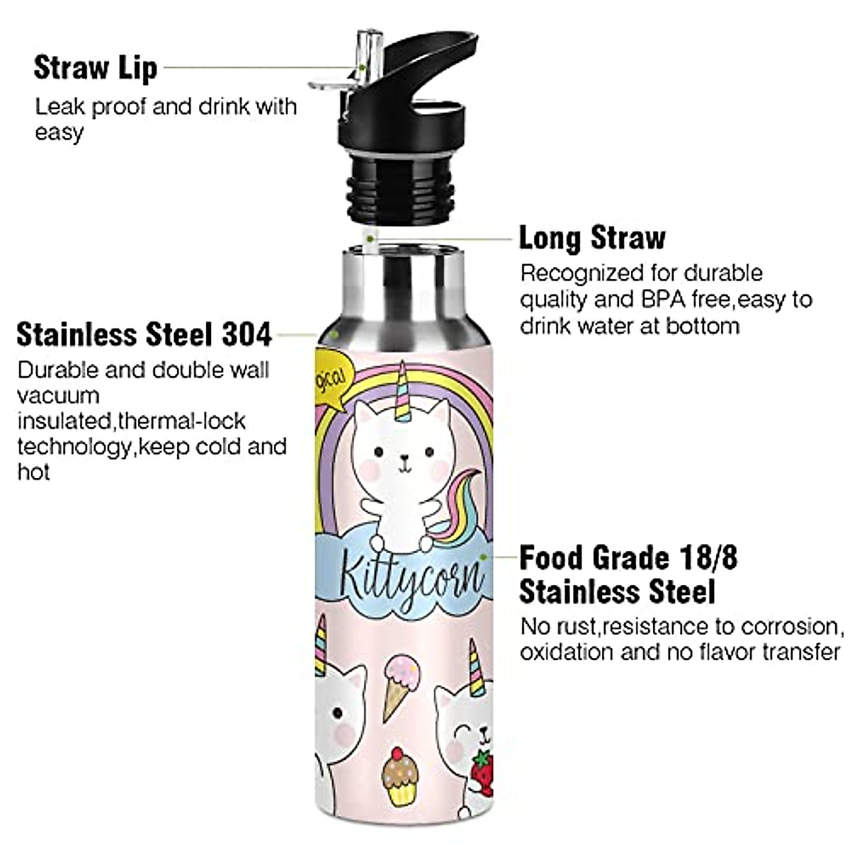 Cute Rainbow Kitty Cat Unicorn Sports Water Bottles with Straw Insulated Stainless Steel Vacuum Flask Keeps Hot and Cold for Kids Adult Travel
