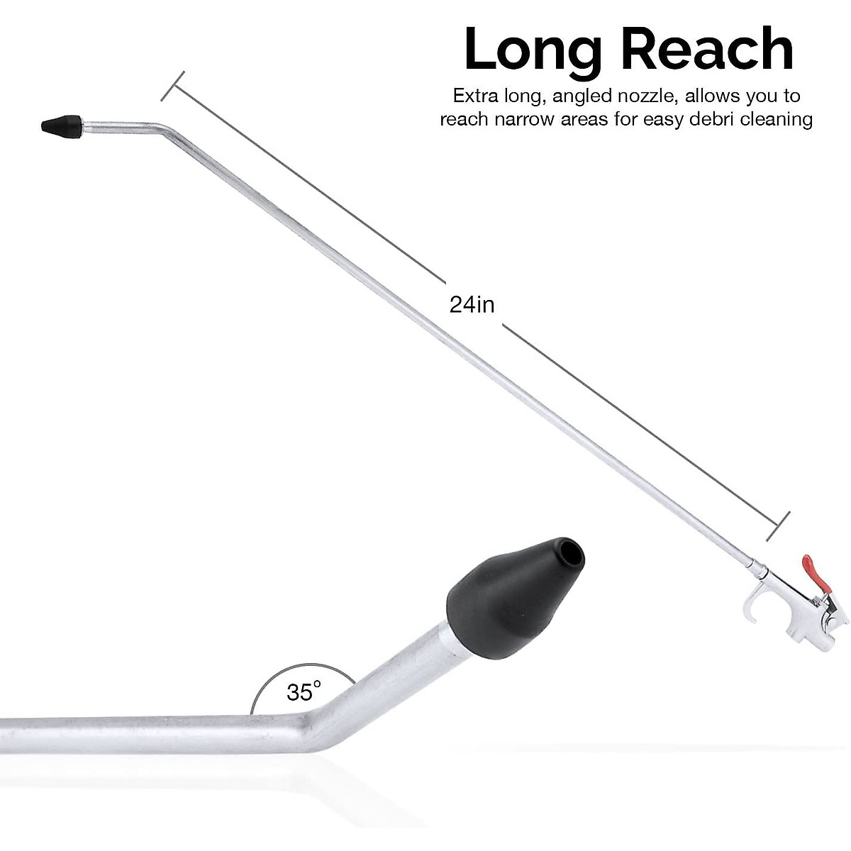 Hiltex 31111 Long Reach Pneumatic Air Blow Gun | 24” Length | 1/4"" NPT Air Inlet | Angled Aluminum Nozzle with Pistol Grip Trigger | Rubber Tip"