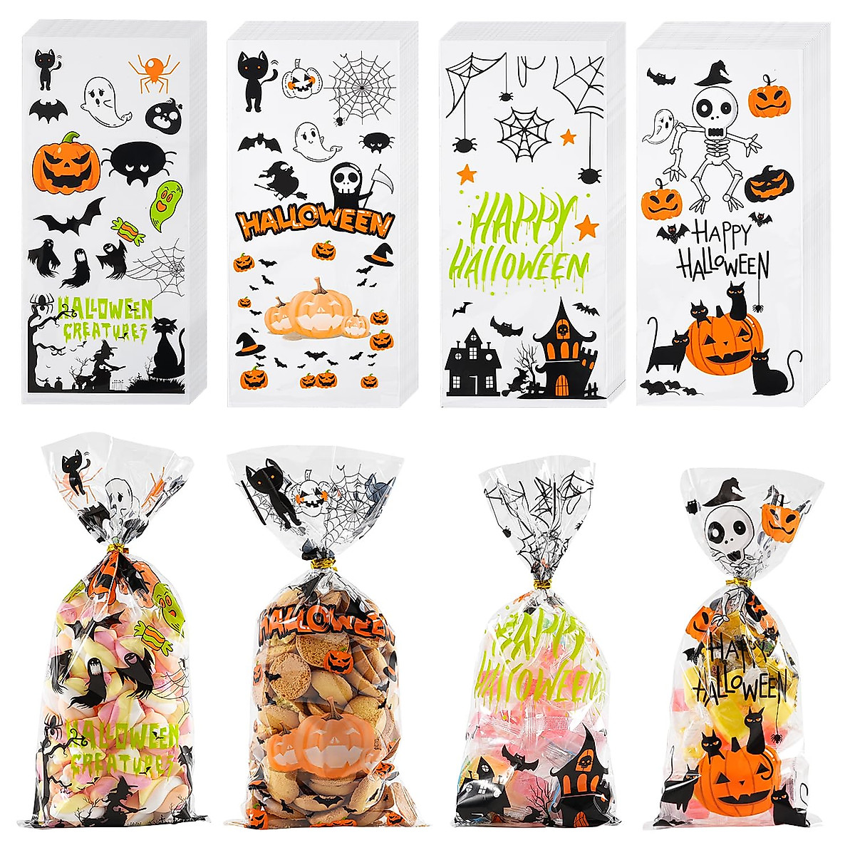 ONFAON Halloween Cellophane Treat Bags, 180pcs Halloween Trick or Treat Goody Gags with 200pcs Twists for Snacks Cookies Packing, Halloween Goodie Bags Party Supplies (180pcs)