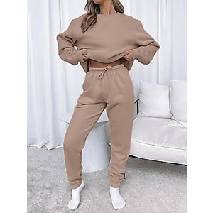 Alunzoem Tracksuit for Women Set Sweat Suit 2 Piece Pullover Solid Sweatshirt Long Pants Outfits Lounge Set Khaki M