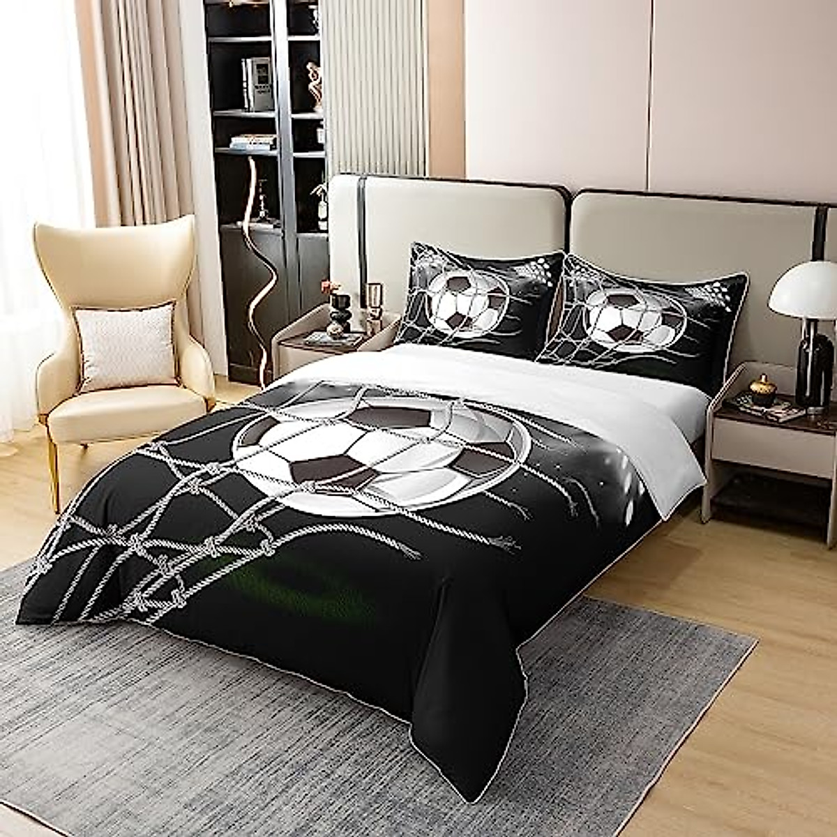 Boys Football Print Cotton Duvet Cover Set Queen Size Sports Theme Beding Set for Kids Teens Bedroom Decor Cool Modern Black White Soccer Design Comforter Cover Ball Game Competition Bedspread Cover