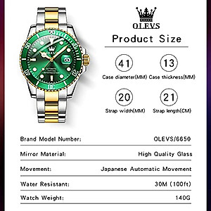 OLEVS Self Winding Watches for Men Green Big Dial Pro Diver Automatic Watch Stainless Steel Waterproof Men Wrist Watch with Silver Gold Tone Watch Men