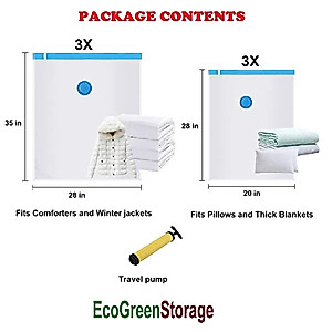 Jumbo Space Saver Vacuum Storage bags - [BONUS] Free travel Vaccum hand pump. - Jumbo Size Vacuum Sealer Bags for Clothes - Excellent for long term storage or saving extra space while traveling or moving. (6 bags)