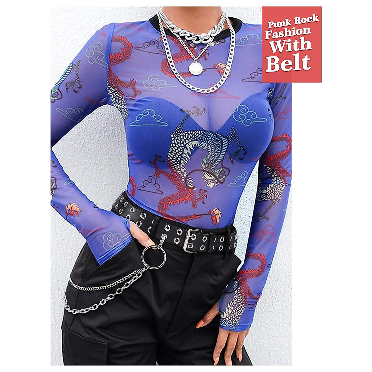 SUOSDEY Double Grommet Leather Belt with Detachable Chain for Women Men,Punk Black Belt with Double Studded Holes for Jeans