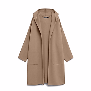 MEROKEETY Long Hooded Cardigan Sweaters for Women Oversized Open Front Coatigan Lady Jacket Coat Pockets, Khaki, Medium