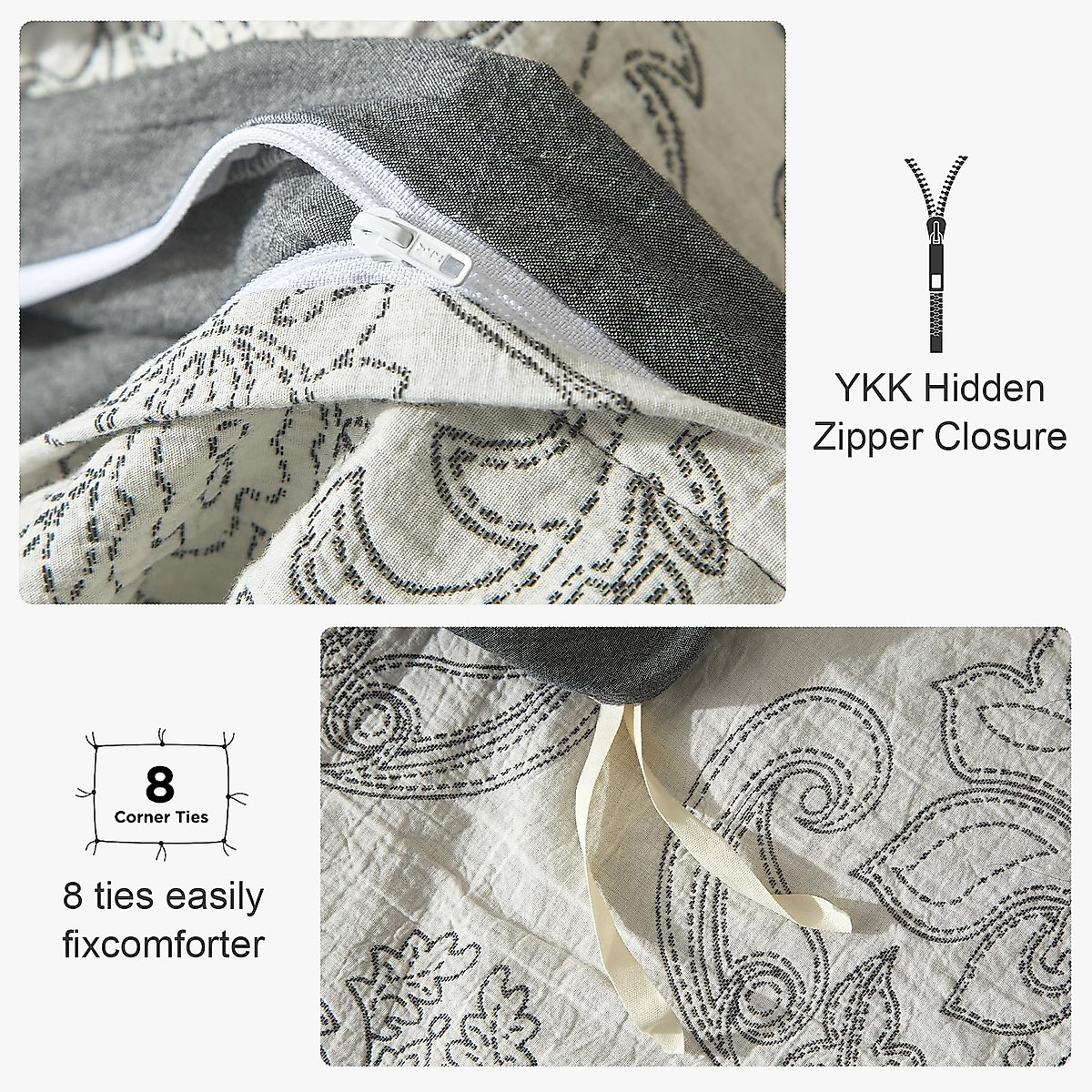 Grassix Linen Duvet Cover King - Paisley Jacquard Linen Cotton Blend Duvet Cover Set, Textured King Size Duvet Cover Soft Breathable, 1 Comforter Cover 104"x90" & 2 Pillowcases, Grey