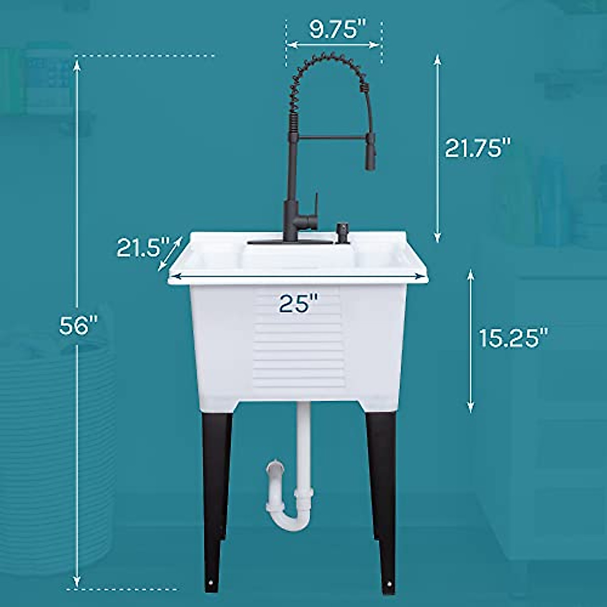 White Utility Sink by JS Jackson Supplies, Tehila Luxe Laundry Tub, Matte Black Hi-Arc Coil Faucet, Soap Dispenser
