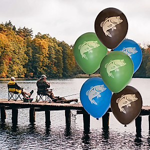 Havercamp Fishing Themed Party Balloons (12 Pcs) Beautiful Bass Print Latex Material, Monster Bass Silhouette, Fish Balloons Decoration Fishing Birthday Party Decorations (Blue,Green,Brown)