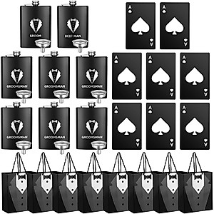 32 Pcs Groomsmen Gifts Set 8 Groomsmen Gift Proposal Bags 8 oz Stainless Steel Tuxedo Hip Flask 8 Groomsmen Gauge Glasses with 8 Poker Card Beer Bottle Opener Cap for Wedding Bachelor Party Favors