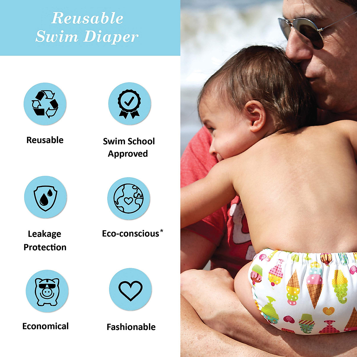 Charlie Banana Baby Reusable and Washable Swim Diaper for Boys or Girls, Cactus Azul, Large