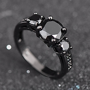 JunXin Round Cut Black Gold Three-stone Diamond Anniversary Ring Black Onyx Size6/7/8/9/10(7)