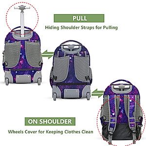 NEW TILAMI 18 Inch Rolling Backpack with Zipper Mesh Pouch Boys Girls Wheeled Laptop Backpack for School Travel Trip Backpack, Purple Galaxy