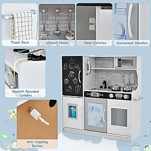 MAT EXPERT Kids Kitchen Playset, Wooden Chef Pretend Toy Kitchen w/Chalkboard, Ice Maker, Cookware Accessories, Telephone, Oven, Microwave, Play Kitchen for Toddlers, Gift for Boys Girls 3+ (White)