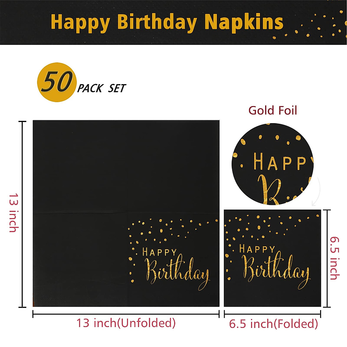 DYLIVeS Happy Birthday Napkins, Black and Gold Foil Dots Napkins Disposable Paper Napkins for Dinner Picnic Cocktail Birthday Party Supplies Decorations for Boy Man, 6.5 x 6.5 Inch (Pack of 50)