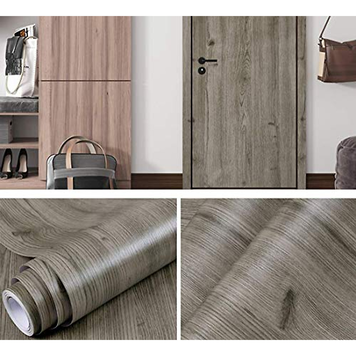 Redodeco Ash Grey Wood Grain Adhesive Paper Counter Top Vinyl Furniture Cabinets Wardrobe Shelf Liner Wallpaper Sticker Decal,12inch X 79inch