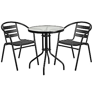 Flash Furniture 23.75'' Round Glass Metal Table with 2 Black Metal Aluminum Slat Stack Chairs