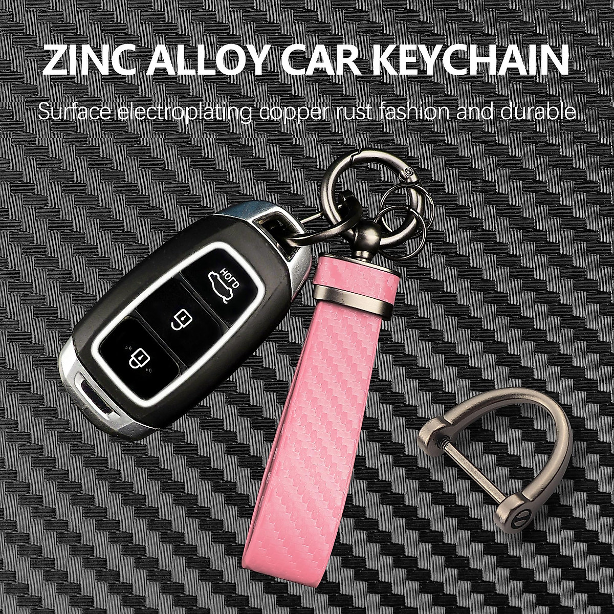 Turcee Carbon Fiber Car Keychain,Automotive Interior Accessories Keychains Leather Car Key Fob,Car Accessories Key Ring&Anti-Lost D-Ring(light pink)