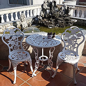 Outdoor Furniture Bistro Set with Rose Pattern 1 Table 2 Chairs for Garden Patio Porch (White)