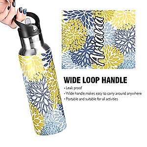 RunningBear Custom Spring Blue Floral Pattern Water Bottle with Straw Lid Personalized 20oz Insulated Sports Water Bottle Customized Leak Proof BPA-Free Flask for Boys Girls