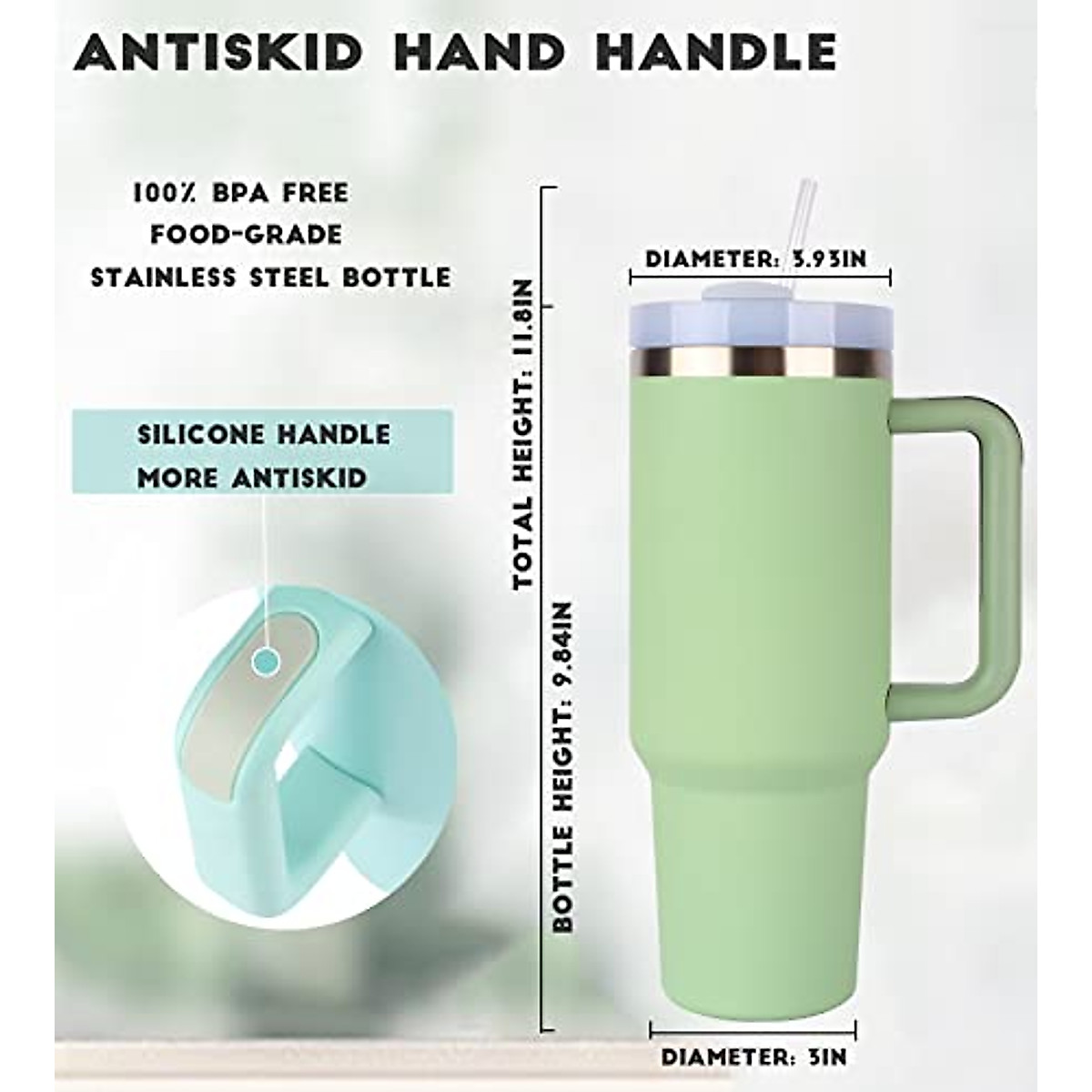 DREAMING MY DREAM 40oz Tumbler with Handle, H2.0 Tumbler Reusable Vacuum, Insulated Tumbler With Lid and Straws, Insulated Cup, Leak Resistant Lid (Light Green)