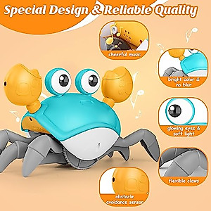 KIZJORYA Crawling Crab Baby Toy, Tummy Time Gifts for Toddler & Newborn, Light-Up Walking Dancing Moving Crab with Music & Obstacle Avoidance, Infant Rechargeable Sensory Development Toy(Green)