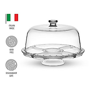 Godinger Cake Stand and Serving Plate Platter with Dome Lid, 6 in 1 Multi-Purpose Use, Italian Made Crystal Glass Footed Cake Stand, Salad Bowl, Cake Plate, Fruit Platter