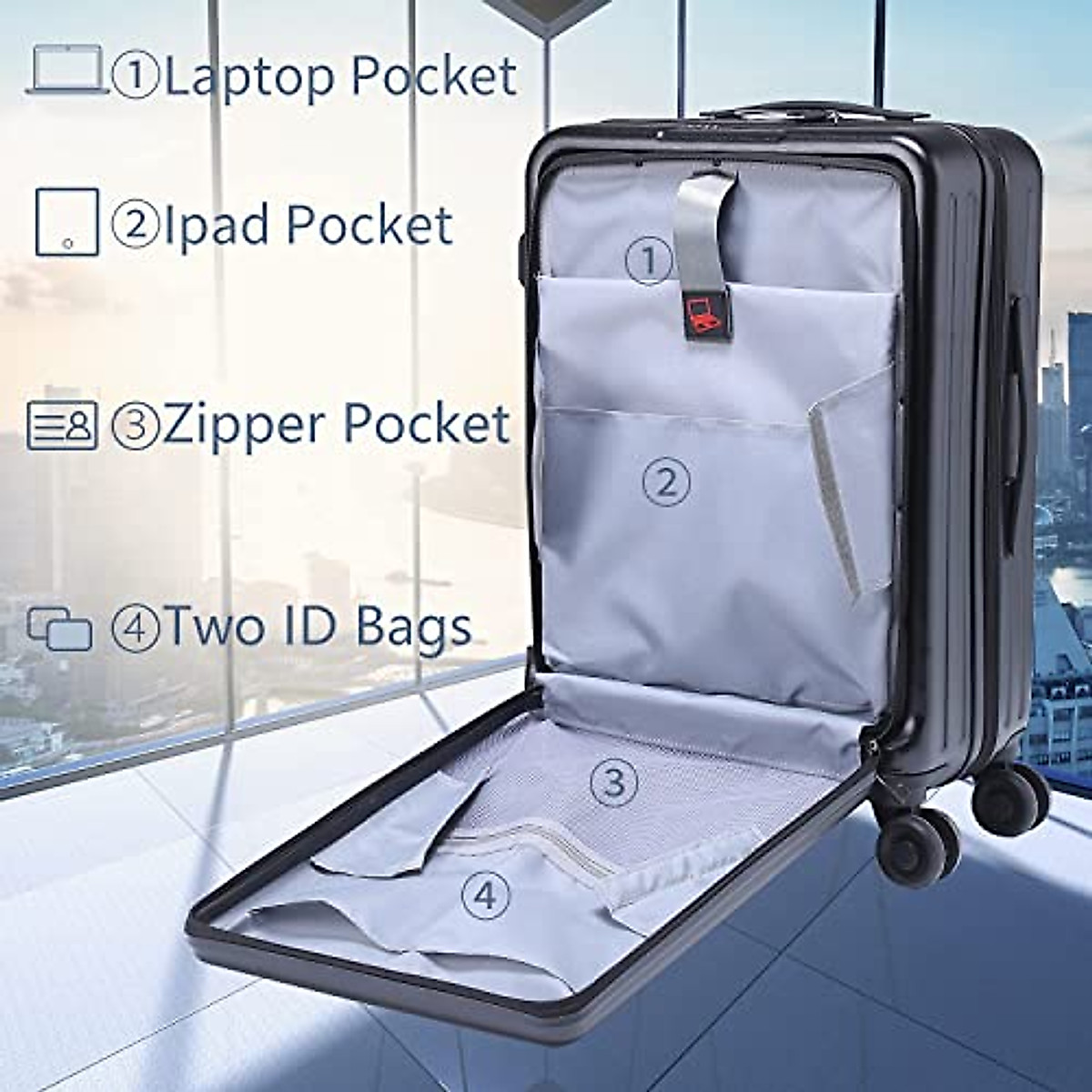 TydeCkare 2 Piece 20/28" Suitcase Sets, Only 20" with Front Pocket, Lightweight ABS+PC Suitcase Hardshell Carry Ons with TSA Lock & Spinner Silent Wheels, Black