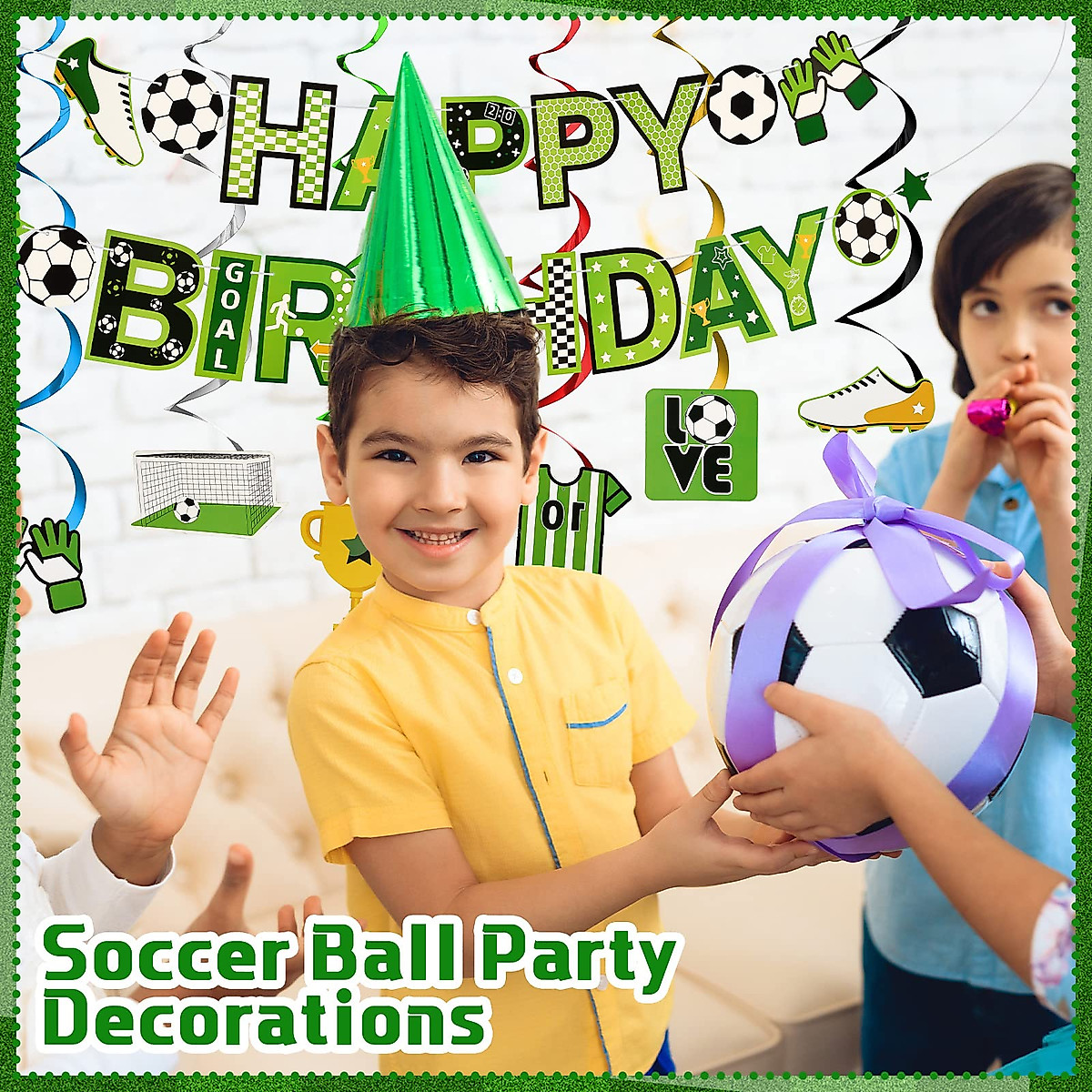 16 Pcs Soccer Birthday Party Decorations Soccer Party Supplies Include Soccer Happy Birthday Banner, Paper Cutouts, Honeycomb Centerpiece, Soccer Hanging Swirl for Boys Kids Sports Football Parties