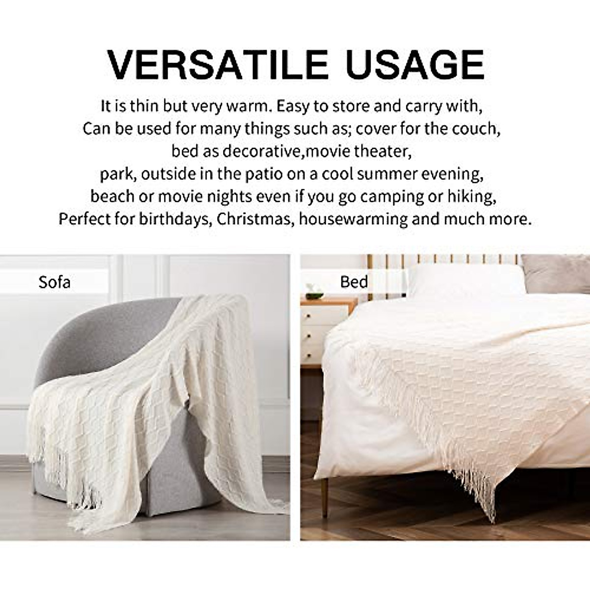 SPAOMY Throw Blanket, Knit Blanket with Tassels, Textured Cozy Lightweight Decorative Throw Blanket for Couch, Bed, Sofa, Travel- All Seasons (50x60 Inch, Beige)