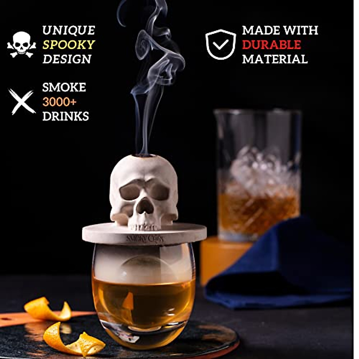 Whiskey Smoker Kit for Your Home Bar - All in One Cocktail Smoker Kit with Torch - Bourbon Smoker Kit - Smoky Crafts Drink Smoker Infuser Kit comes with Skull-Shaped Smoke Infuser, 3x Wood Chips and Torch (Without Butane)
