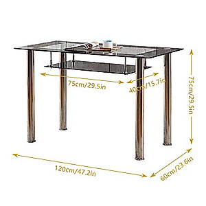QIHANG-US Glass Dining Table with Storage Shelf, 2-Tier Kitchen Table for 2-6 People 47" Rectangular Dining Room Table with Chrome Metal Legs for Dining Guest Reception