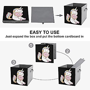 Unicorn Eating Delicious Donuts Foldable Storage Bins Printd Fabric Cube Baskets Boxes with Handles for Clothes Toys, 11x11x11
