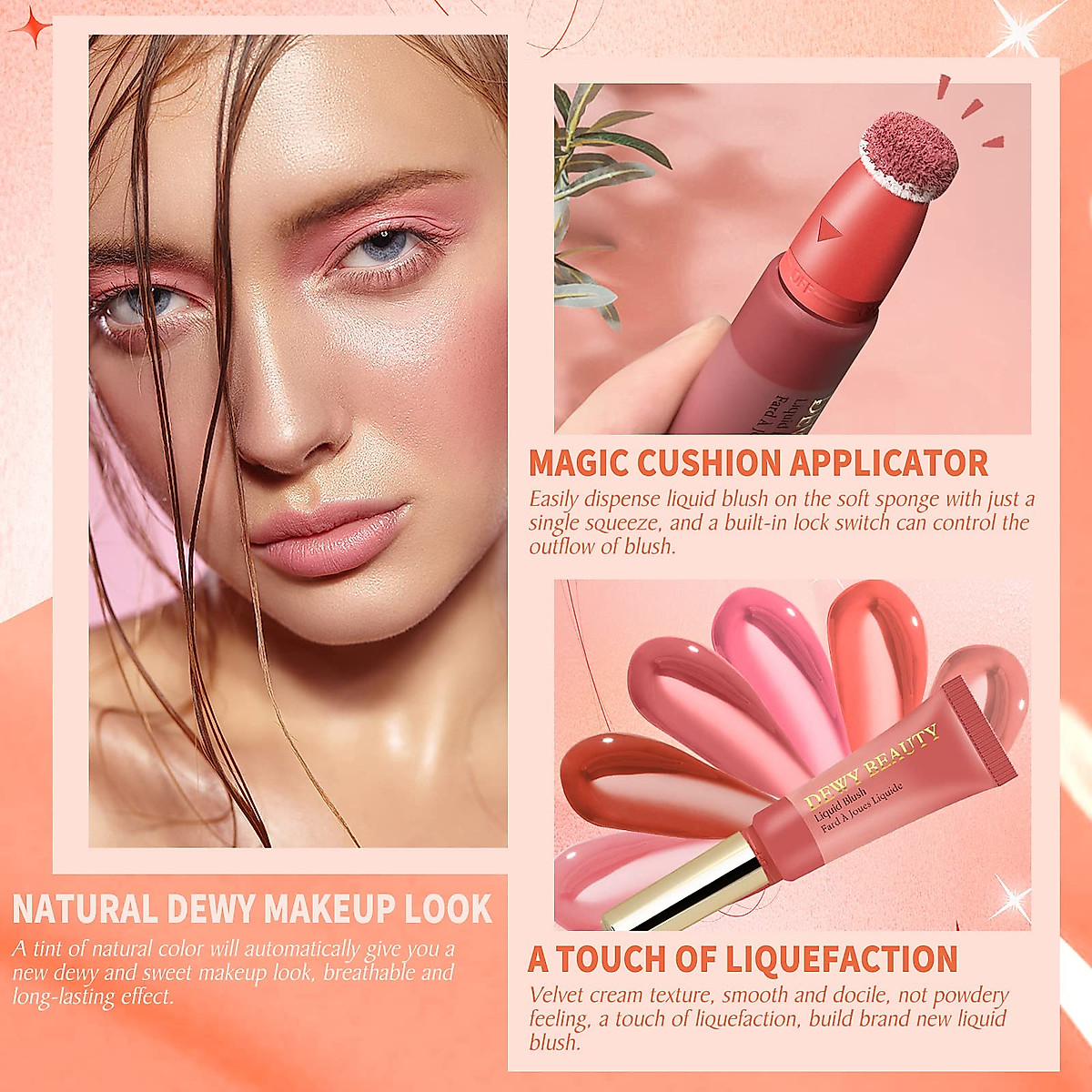 LSxia Liquid Blush Makeup Wand, Cream Liquid Blush with Cushion Applicator For Cheeks Tint, Natural-looking, Glow Dewy Finish, Weightless Blendable Liquid Blush Stick | #106 ELEGANT-Soft Pink