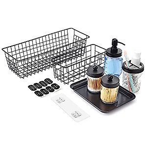 Goabroa Mason Jar Bathroom Accessories Set 7 Pcs - 2 Qtip Jars, Lotion Soap Dispenser, Toothbrush Holder, 2 Metal Wire Bin Baskets & Black Vanity Tray Organizer for Vintage Farmhouse Decor