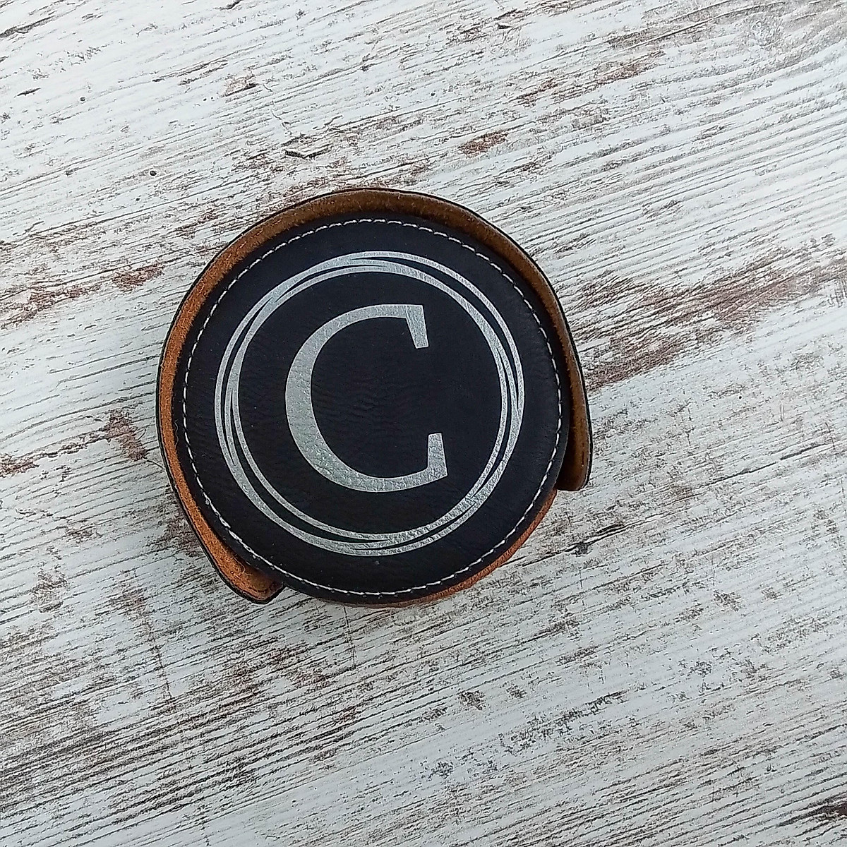 Round Handmade Coasters - Personalized Coasters Set of 6 - Custom Engraved Barware Decorations - Leather Bar Decor - Man Cave Father's Day Present (Black/Silver)
