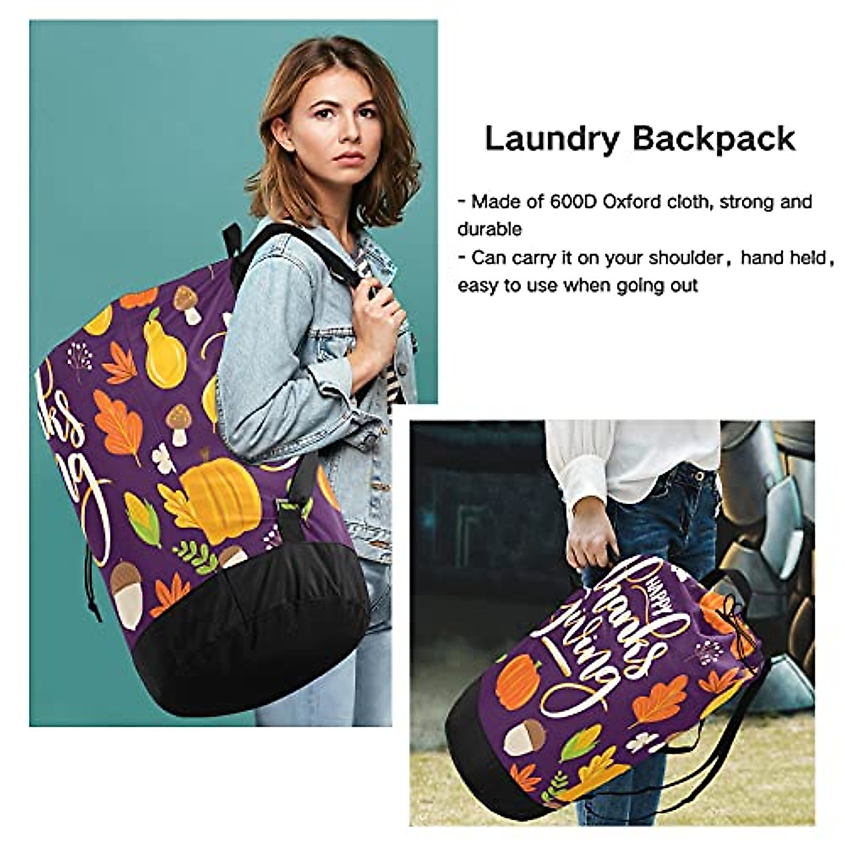 Thanksgiving Pumpkin Fruit Laundry Bag Heavy Duty Laundry Backpack with Shoulder Straps Handles Travel Laundry bag Drawstring Closure Dirty Clothes Organizer For College Dorm, Apartment, Camp Travel