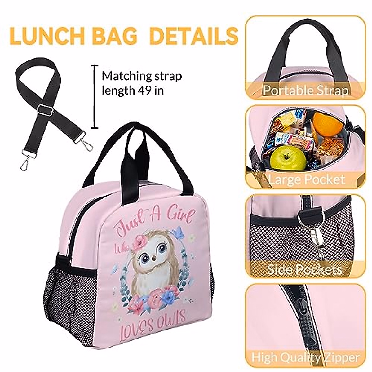 UNIKITTY Owl Backpack with LunchBox, Set of 3 School Backpacks Matching Combo, Cute Pink Bookbag and Pencil Case Bundle