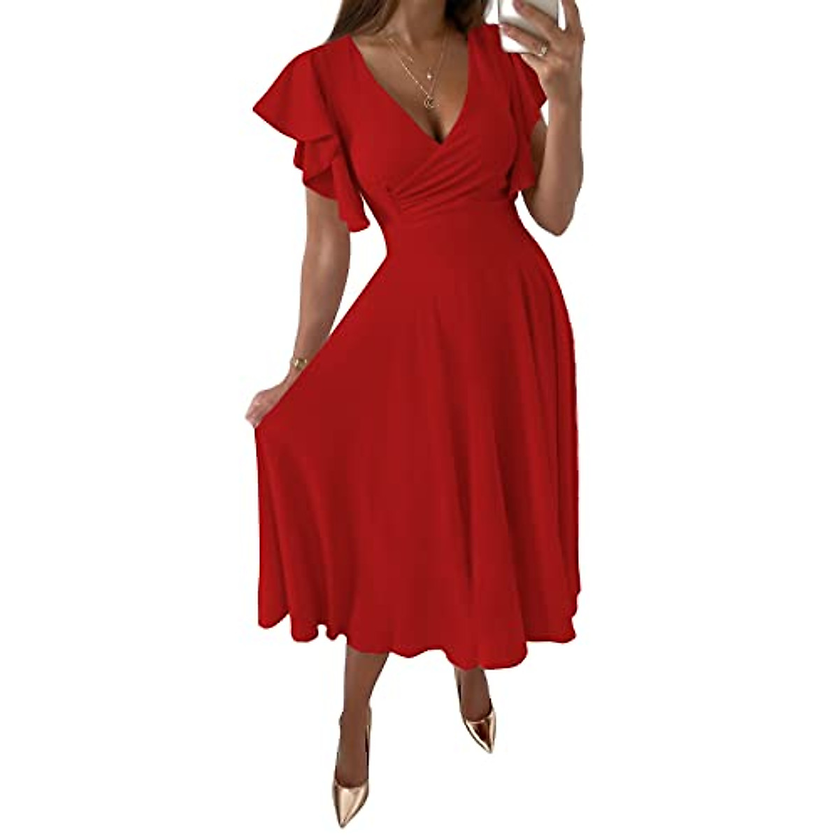 LYANER Women's Deep V Neck Ruffle Short Sleeve Wrap Swing A Line Flared Cocktail Party Midi Dress Red Large