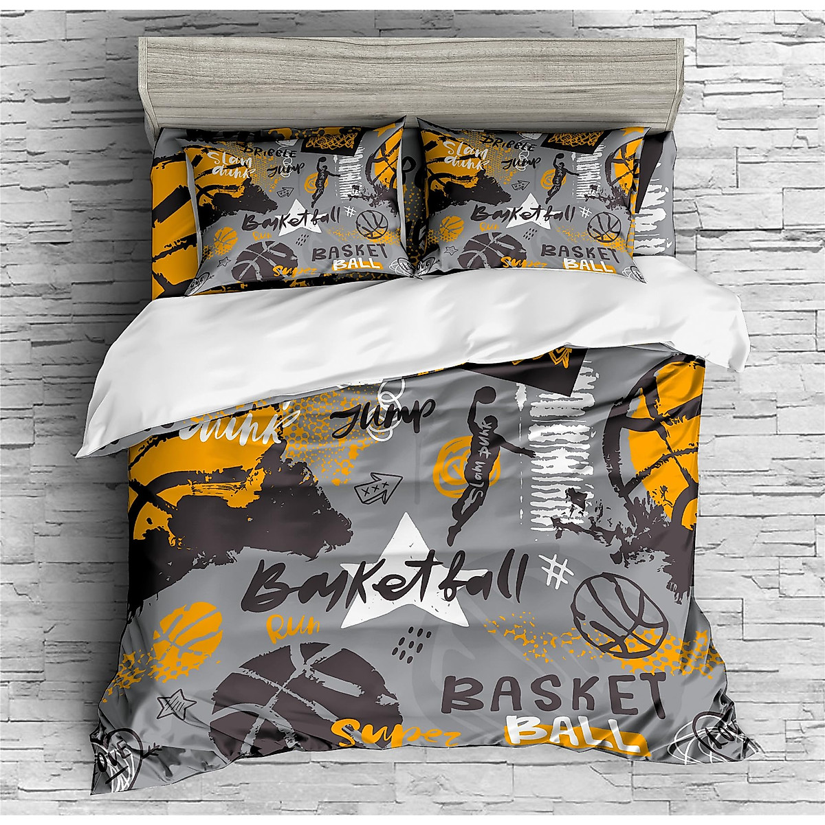 REALIN Basketball Nets Duvet Cover Set Basketball Dunking Bedding Girl Boy Kids Bed Sets 2/3/4PCS Quilt Covers/Sheets/Pillow Shams,Twin/Full/Queen/King (A,Full-200x229cm-3PCS)